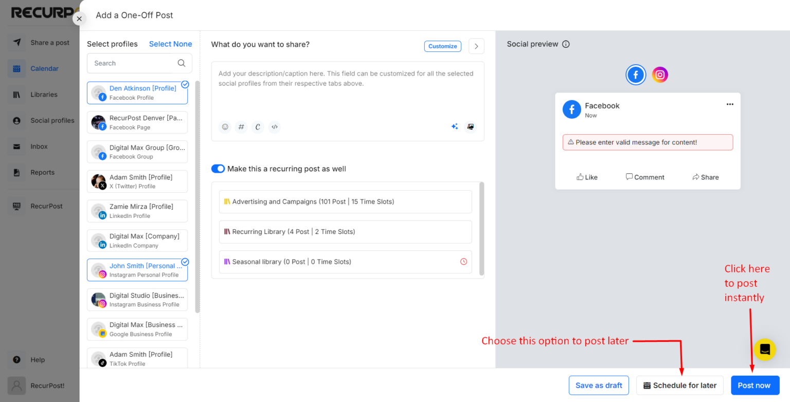 How to post on Instagram & Facebook personal profile?