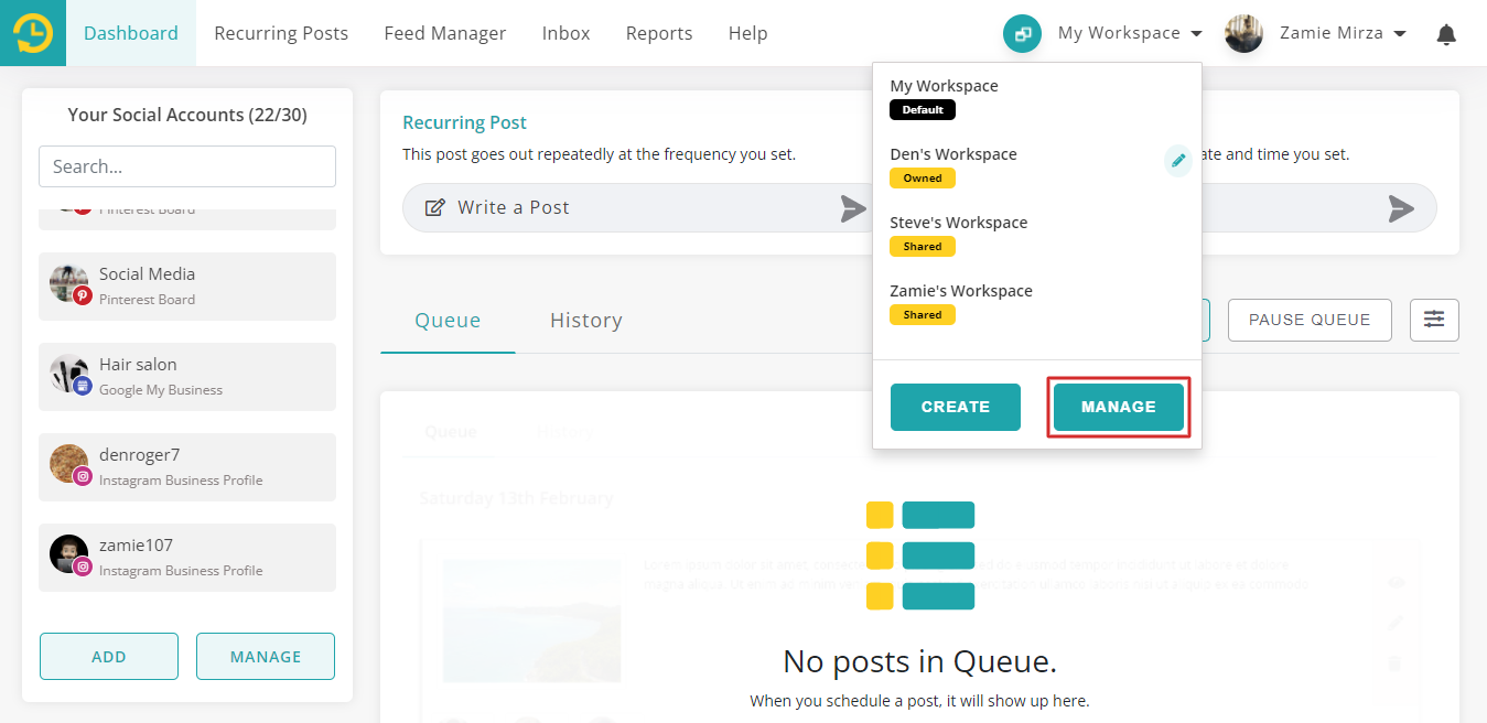 How To Use The Workspace Feature On RecurPost? | Knowledgebase